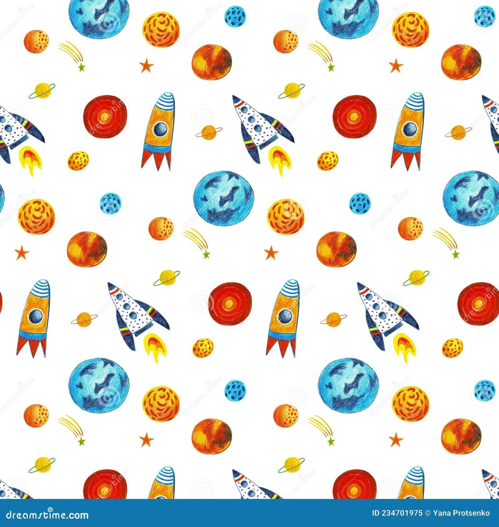 Bright Cosmic Pattern, with Rockets and Planets on a White Background ...