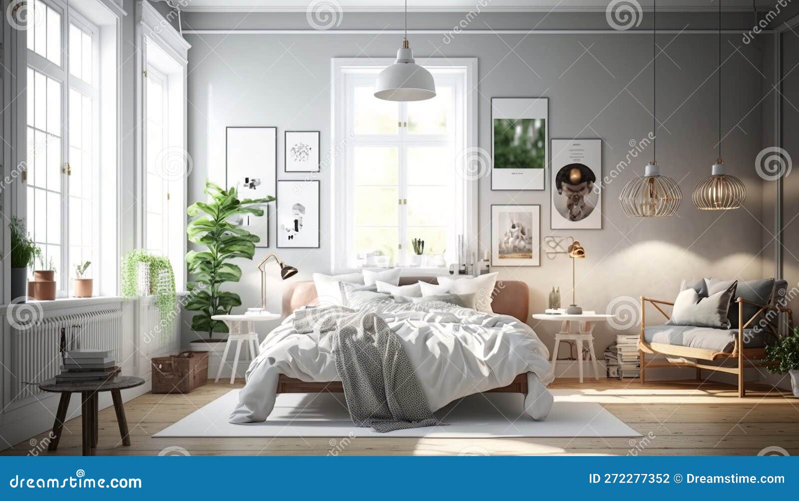 Bright Cozy Bedroom in Scandinavian Style. Generative Ai Stock ...