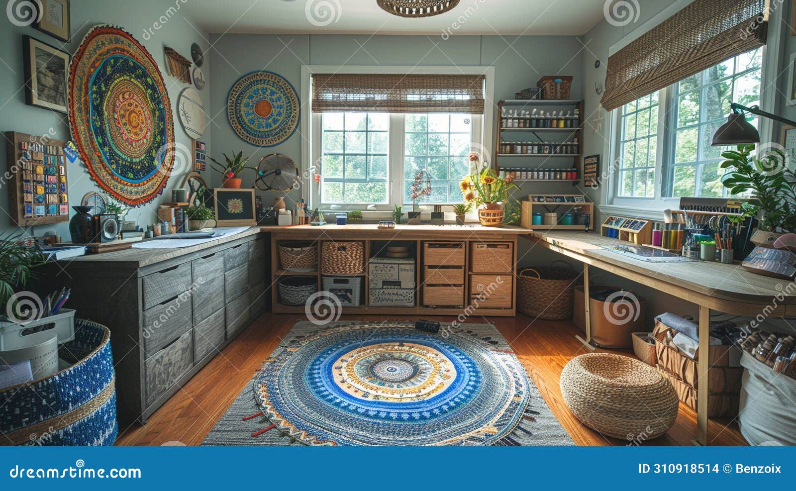 Bright Craft Room with Organized Supplies and a Large Worktable Stock ...