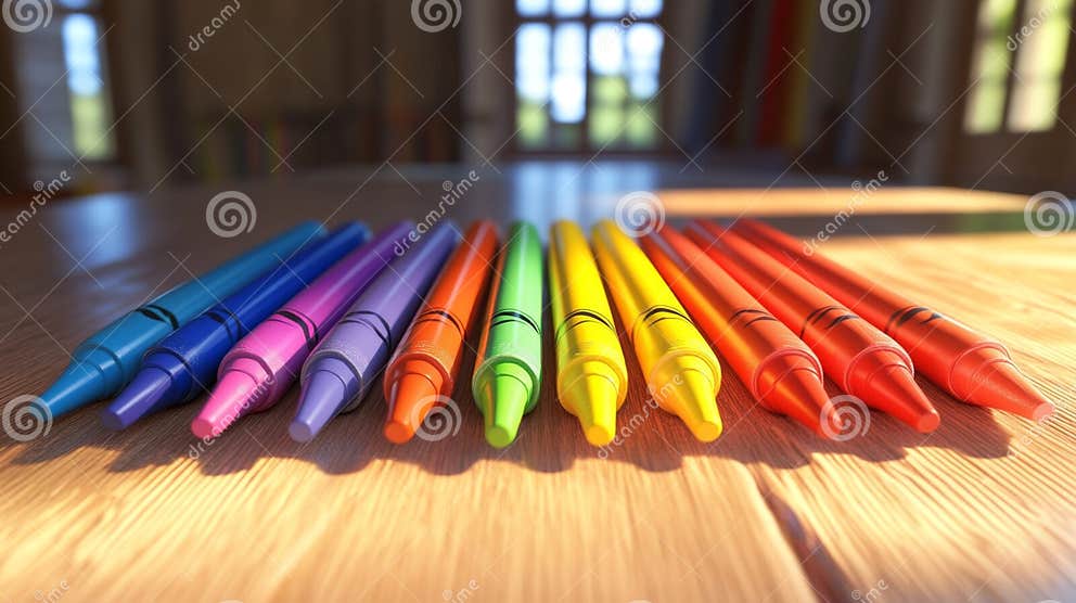 Bright Crayons Arranged in Rainbow Order on a Table Surface Stock ...