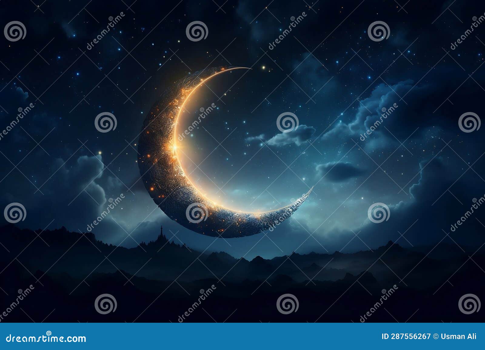 Bright Crescent Moon Illuminating the Night Sky. AI Stock Illustration ...