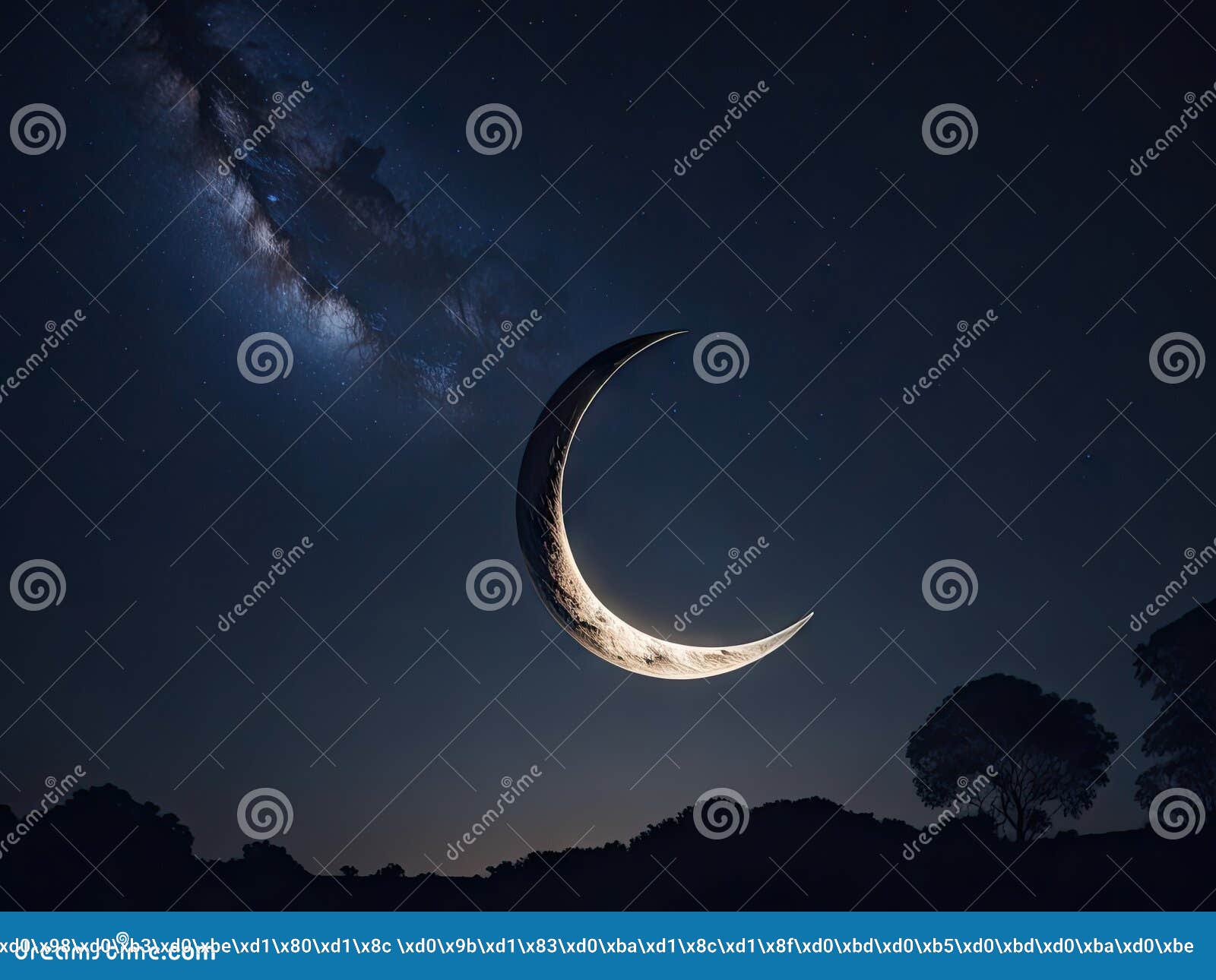 Bright Crescent Moon Over Fluffy White Clouds, Sparkling Starry ...