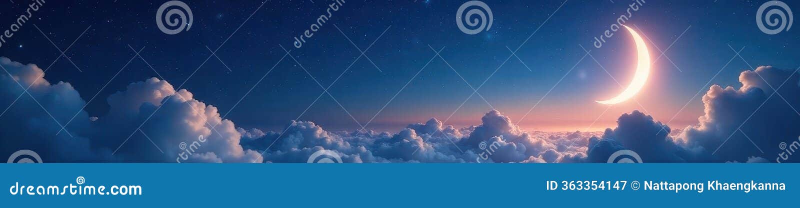 Bright Crescent Moon Over Fluffy White Clouds, Sparkling Starry ...