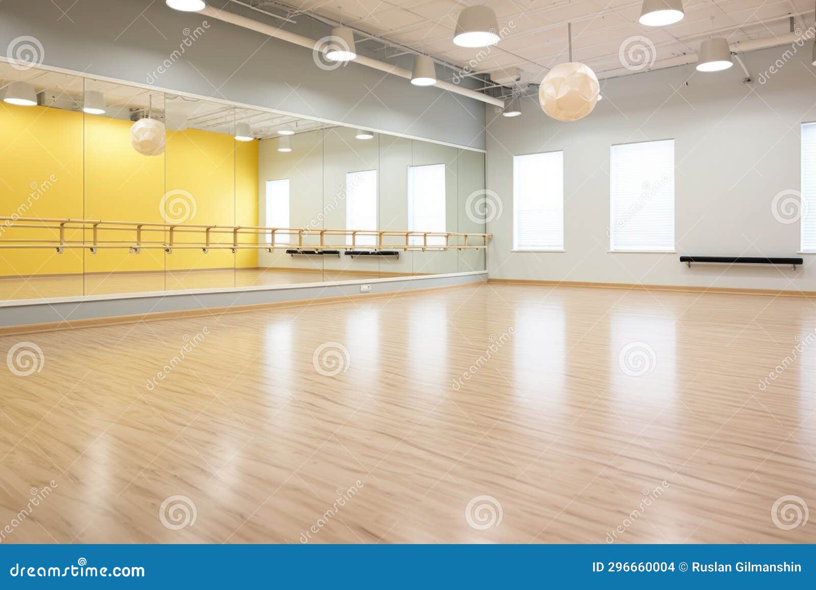Bright Dance Hall with Windows. Class with a Bar for Ballet Lessons and ...