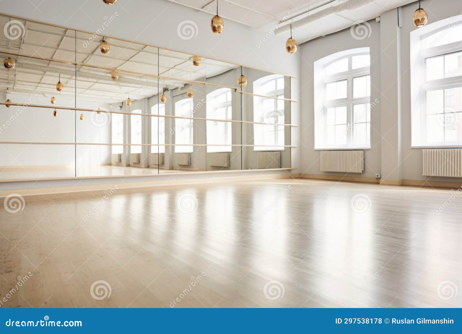 Bright Dance Hall with Windows. Class with a Bar for Ballet Lessons and ...