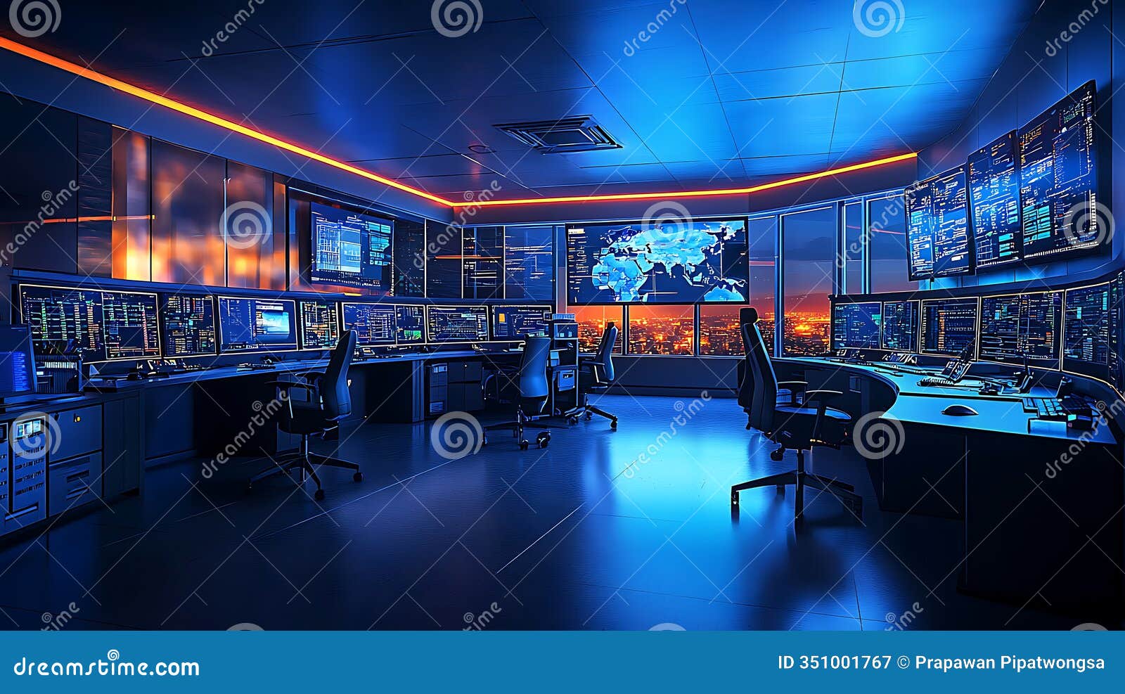 Bright Data Center Control Room with Cybersecurity Monitors and Screens ...