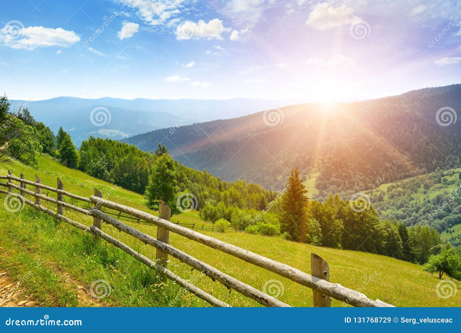 Bright Dawn in Mountains. View of Picturesque Meadow Stock Image ...
