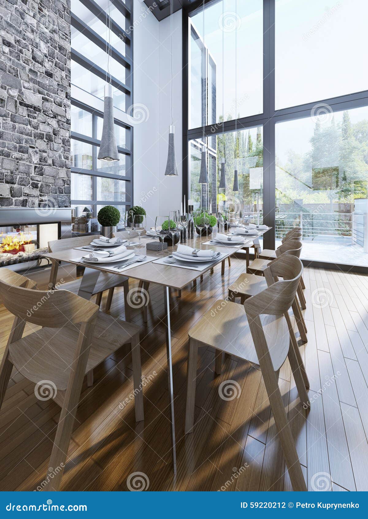 Bright Design of Dining with Panoramic Windows Stock Photo - Image of ...