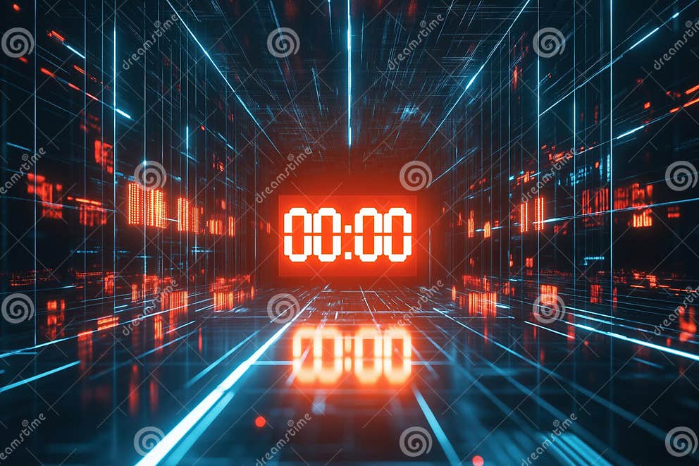 Digital Countdown Timer Displaying Zero in a Futuristic Neon Corridor ...