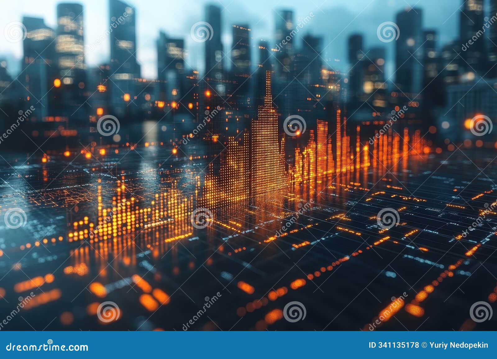 A Bright Digital Display of Data Points Lights Up the City Skyline at ...