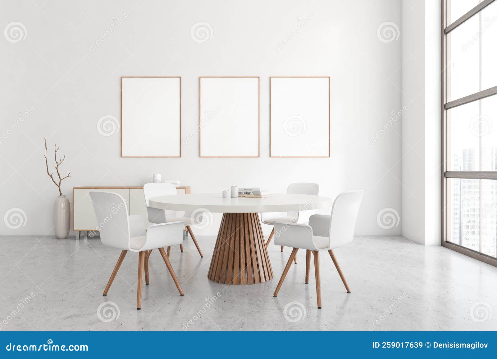 Bright Dining Room Interior with Table, Three Empty White Posters Stock ...