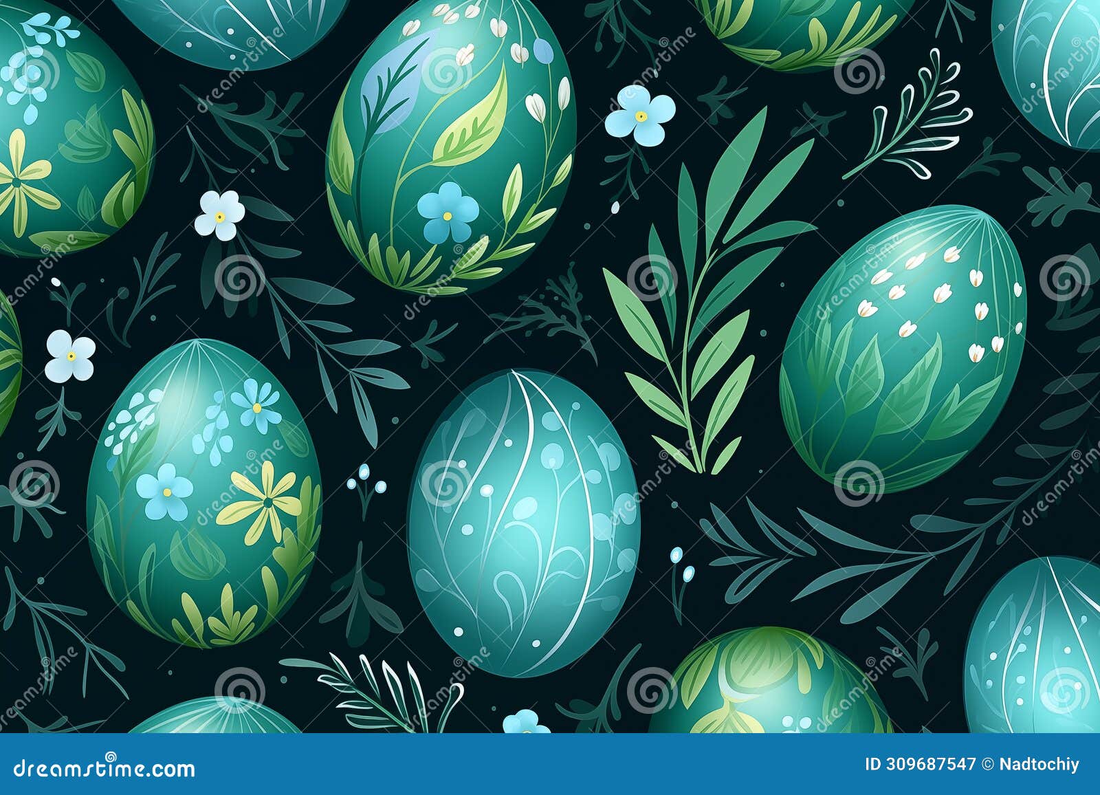 Green Easter Eggs, Leaves and Flowers. Seamless Festive Spring Pattern ...