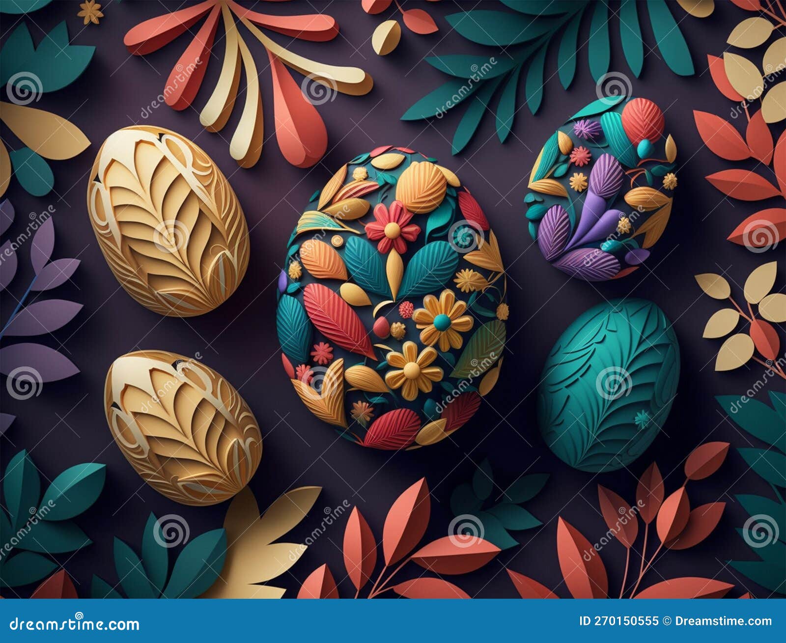 Bright Eggs with Abstract Ornament and Greenery for Easter in 3d Style ...