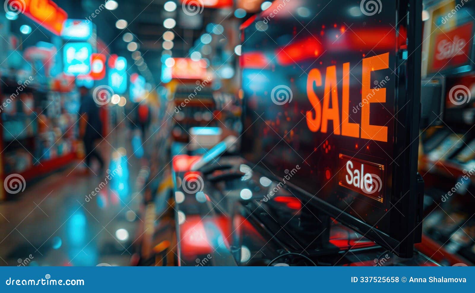 Bright Electronics Store with Sale Signs and Rows of Products. Stock ...