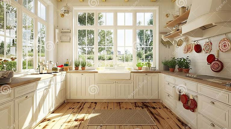 Bright and Elegant White Kitchen with Large Windows and Rustic Decor ...