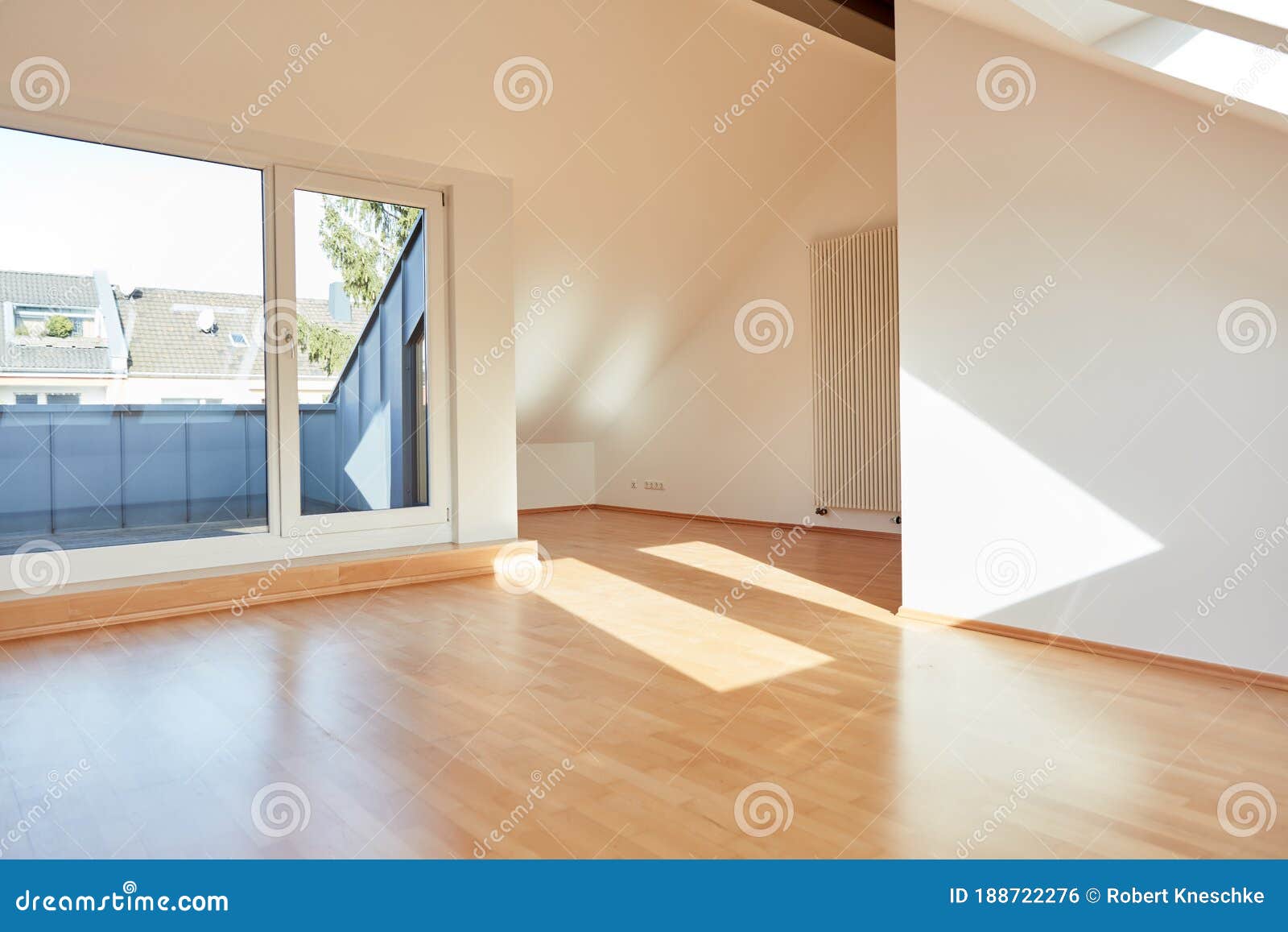 Bright Empty Room in the Attic with Balcony and Parquet Stock Photo ...