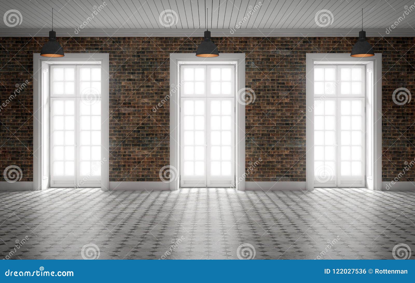 Bright Empty Room with Brick Wall and Huge Windows.3d Rendering Stock ...