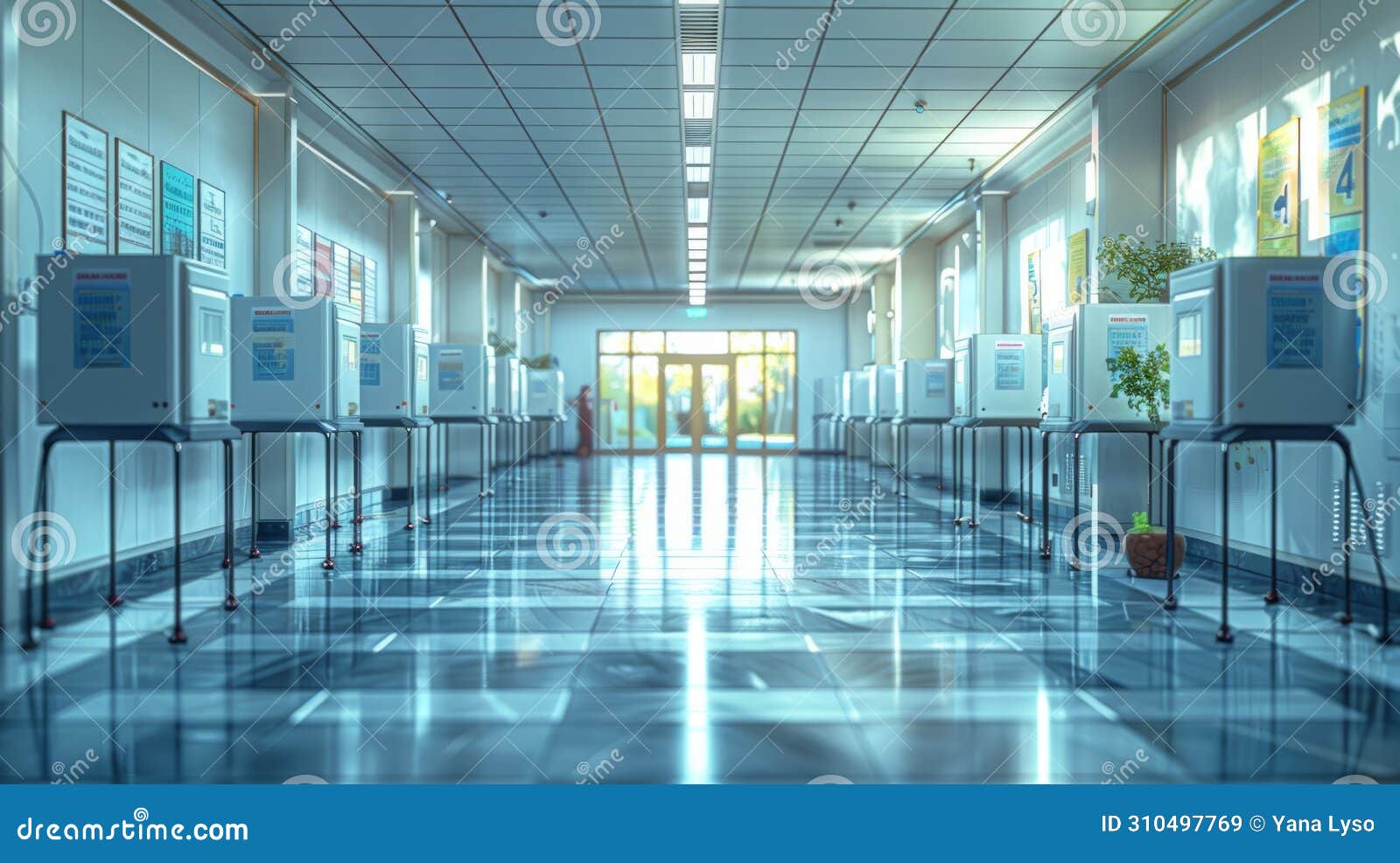 Bright and Empty Voting Center with Digital Voting Booths. Concept of ...