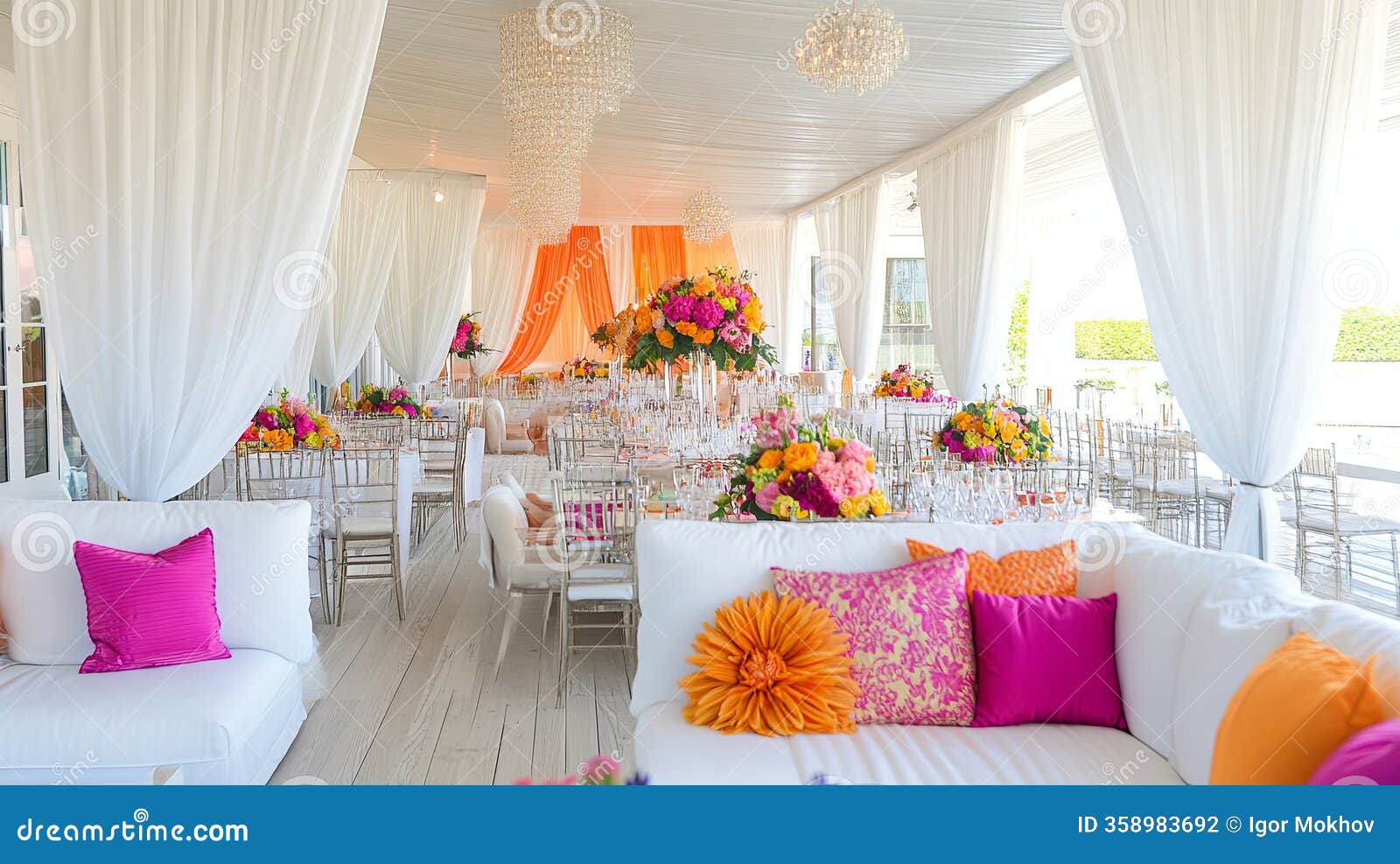 A Bright Event Space with Elegant Seating and Colorful Decorations ...