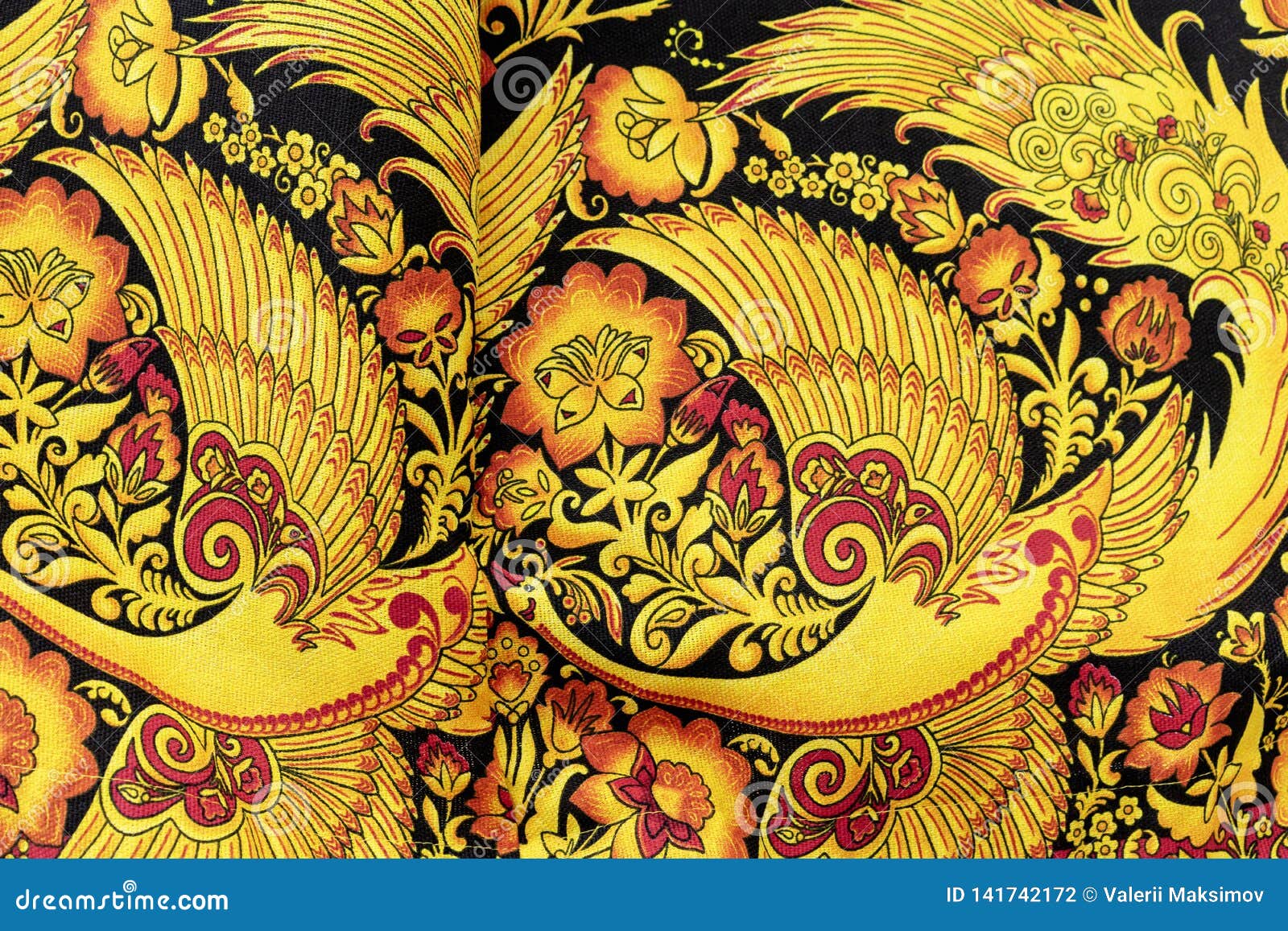Bright Fabric with Ethnic Russian Pattern in the Form of Birds and ...