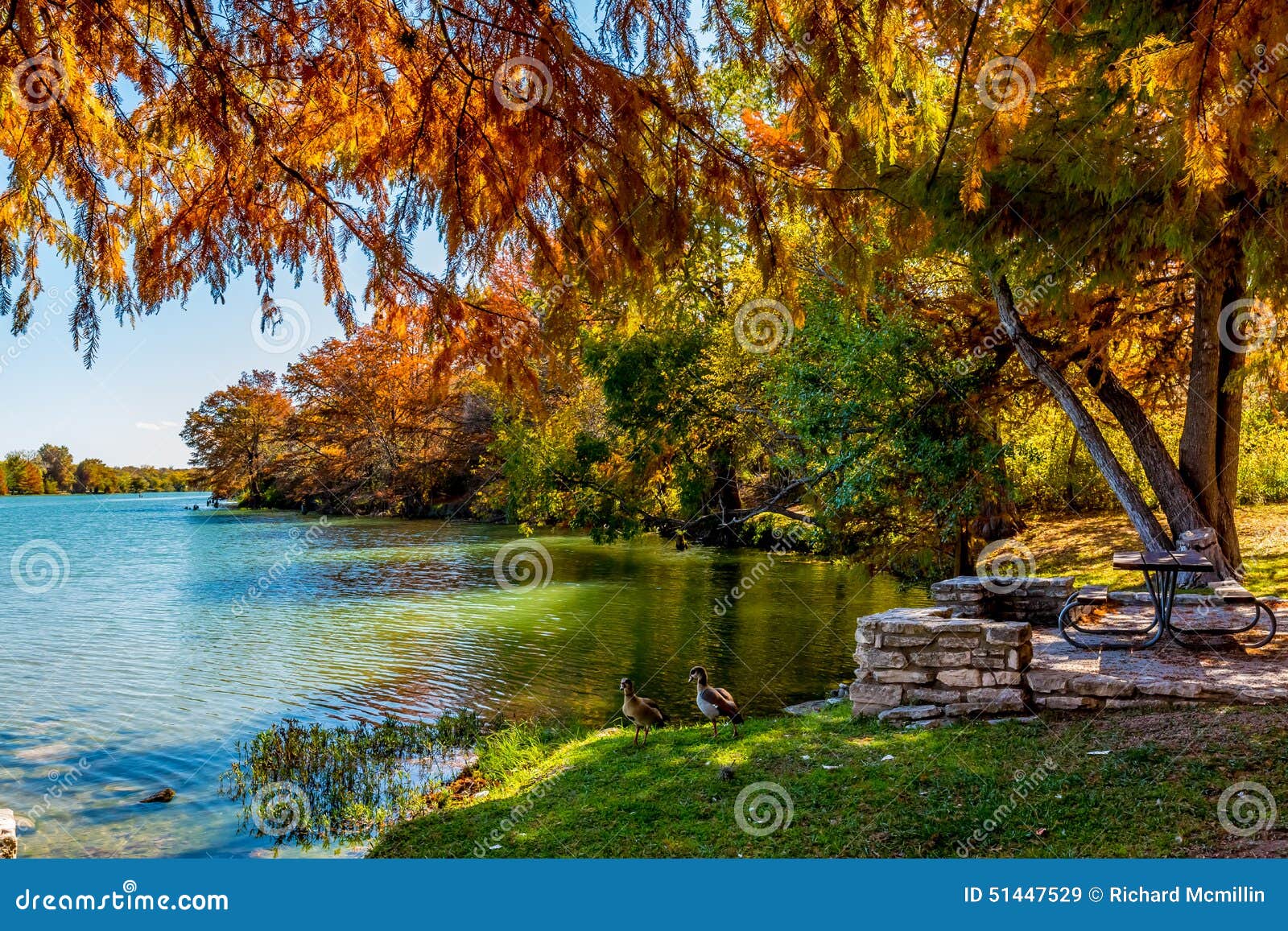 Bright Fall Foliage and Picnic Table on Texas River. Stock Image ...