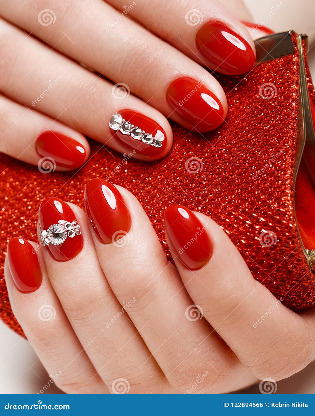 Bright Festive Red Manicure on Female Hands. Nails Design Stock Photo ...