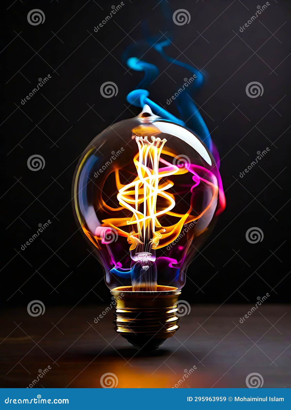 A Bright Filament Bulb Light with Swirl Colorful Smoke on Dark ...