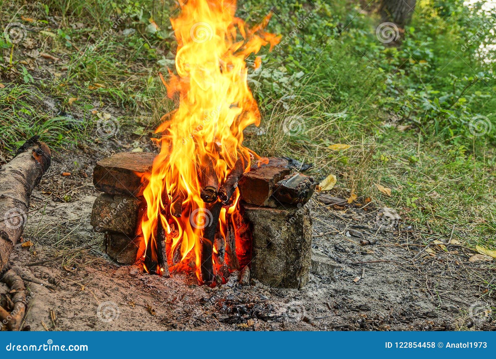 Bright Fire in the Stones on the Ground in the Grass Stock Photo ...