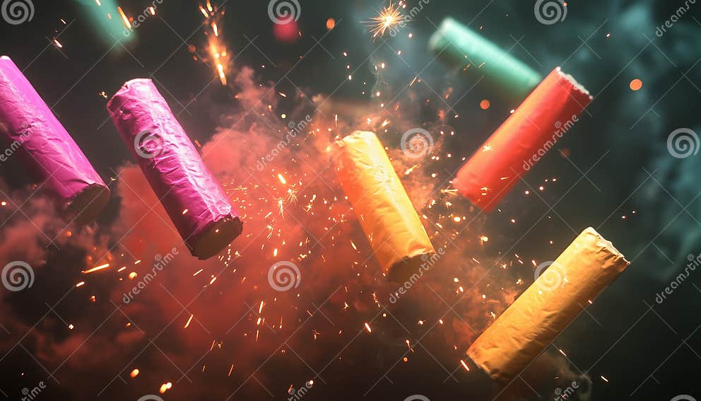 Bright Firecrackers Flash and Explode Against the Dark Night Sky ...