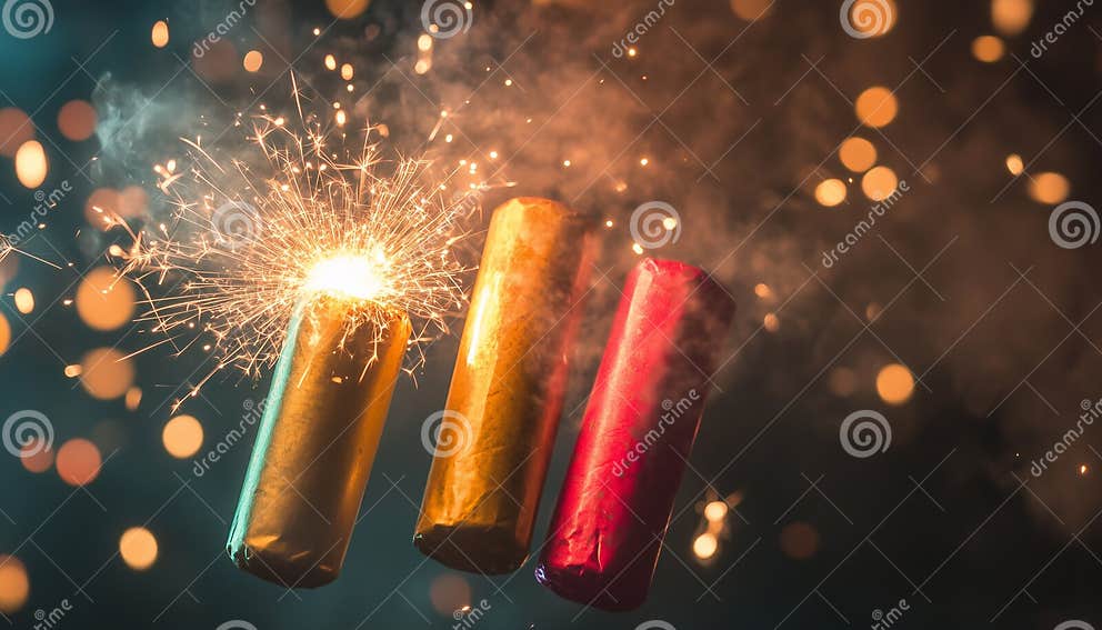 Bright Firecrackers Flash and Explode Against the Dark Night Sky ...