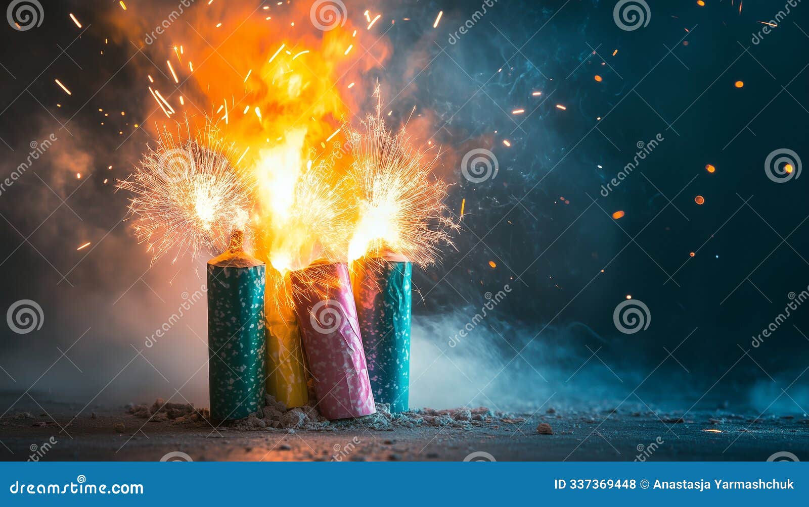 Bright Firecrackers Flash and Explode Against the Dark Night Sky ...