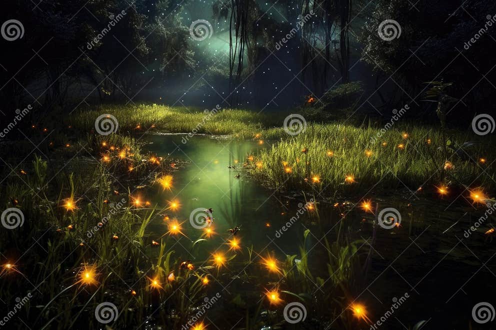 Bright Fireflies Hovering Above a Ponds Surface at Night Stock Photo ...