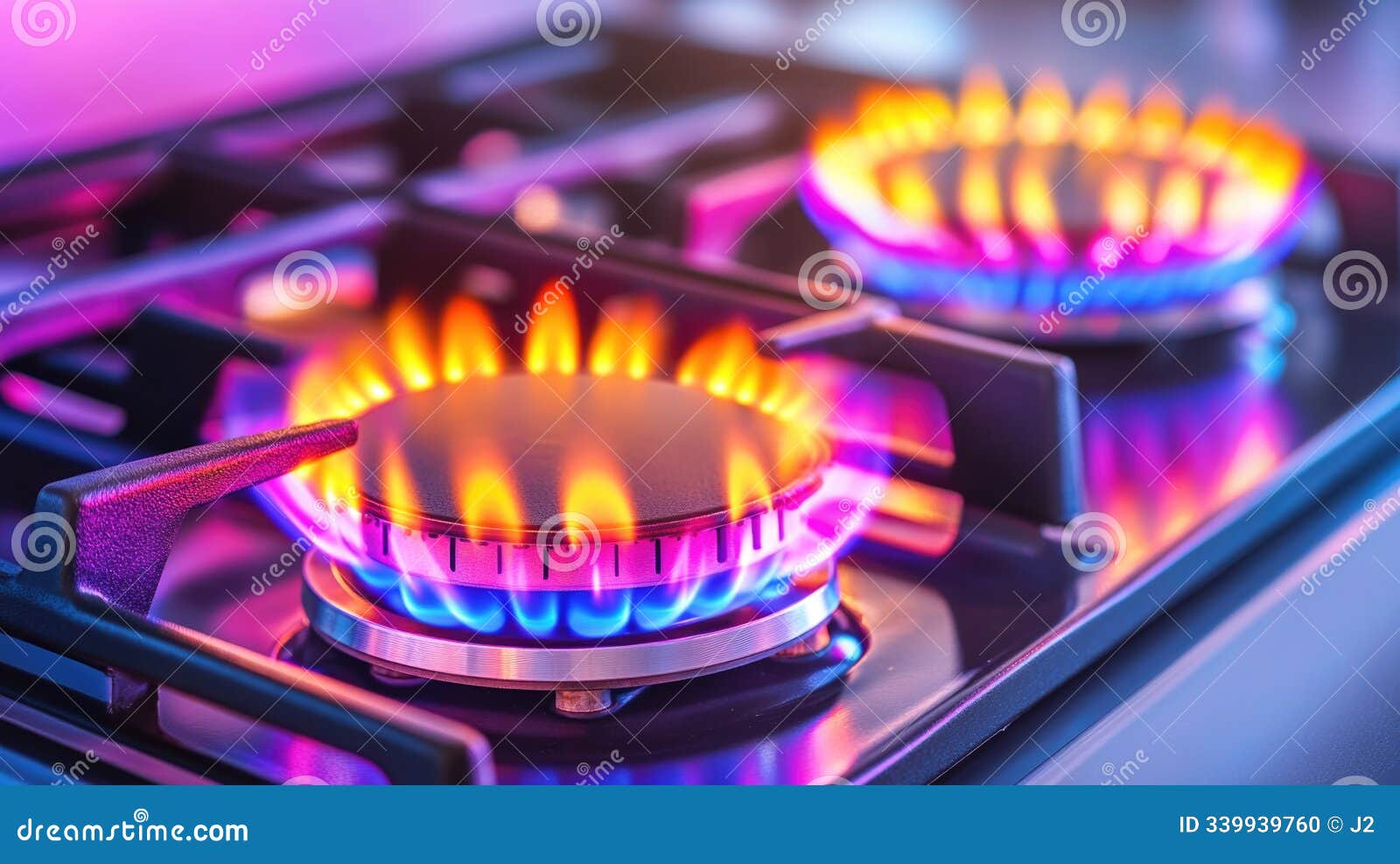 Bright Flames on Modern Gas Stove with Blue and Orange Glow Stock Photo ...