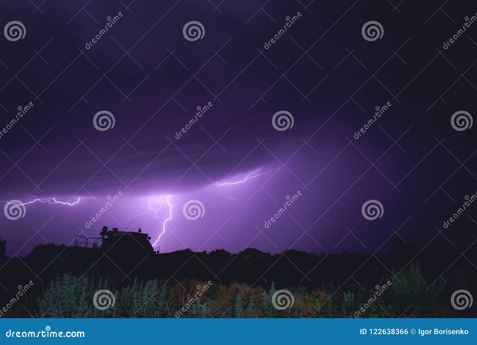 Bright Flash of Lightning Illuminated the Night Sky and Dyed Clouds in ...