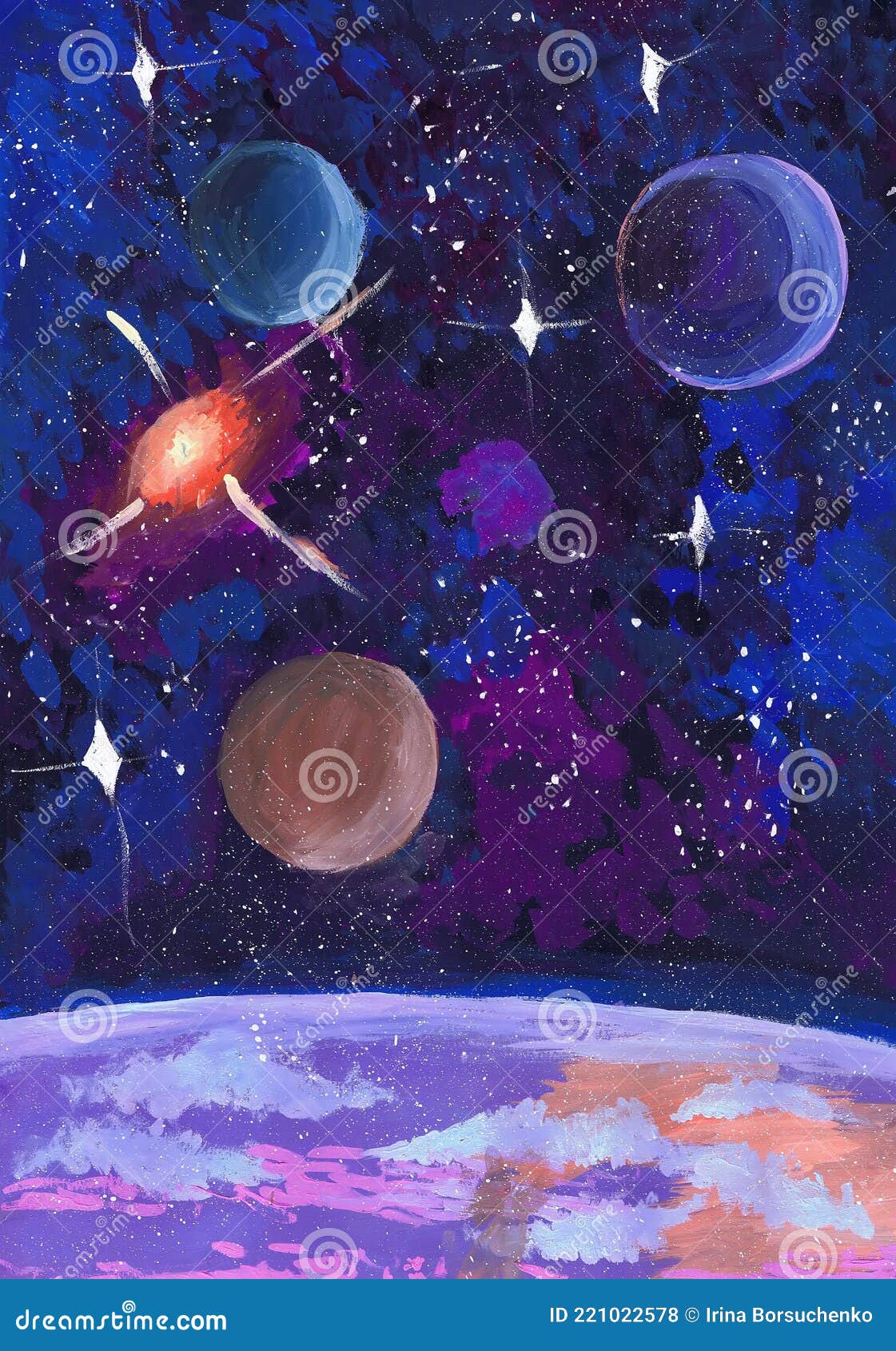A Bright Flash among the Planets in Outer Space. Child`s Drawing Stock ...
