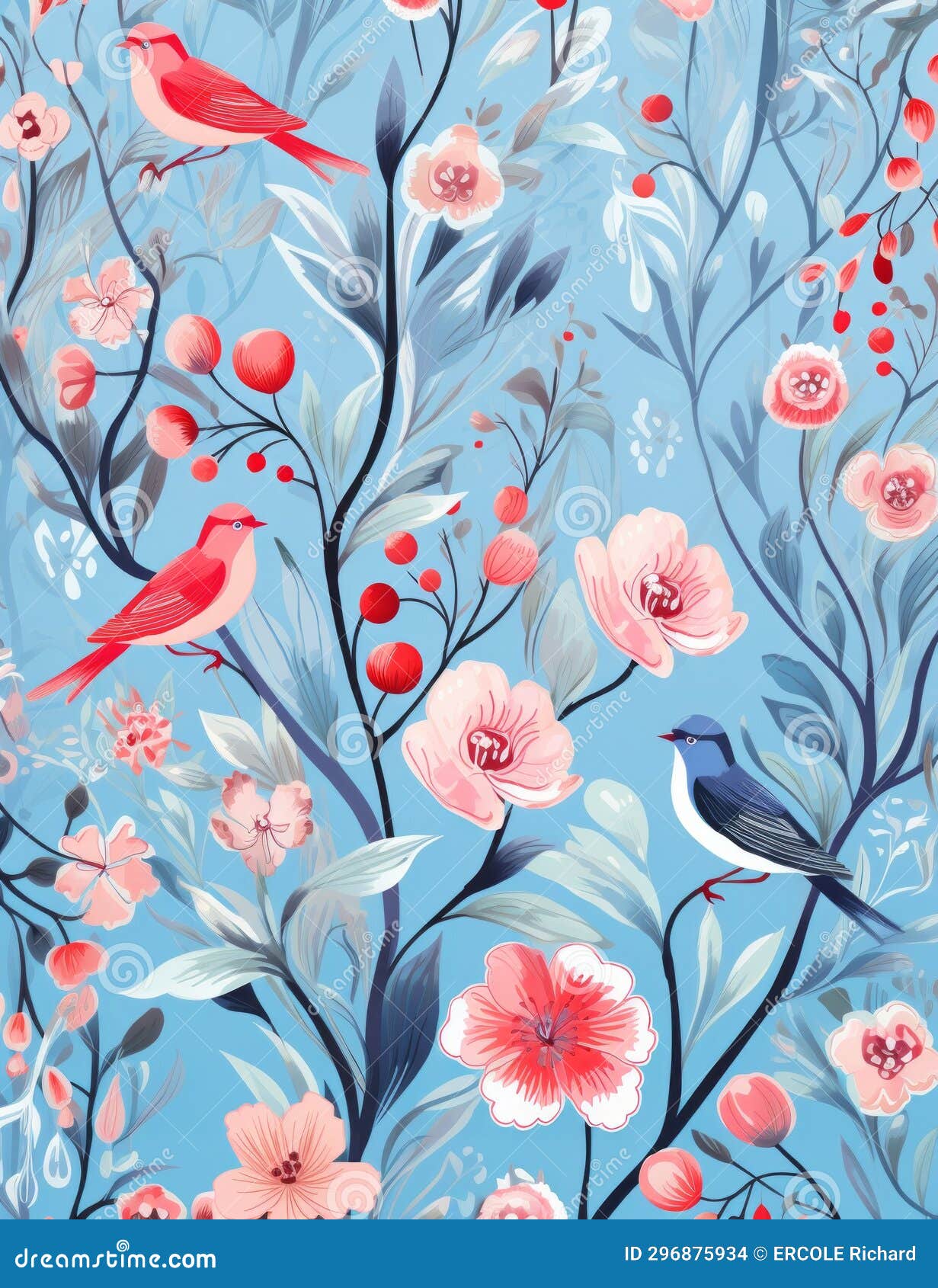Bright Floral Pattern with Colorful Birds - Make a Statement! Stock ...