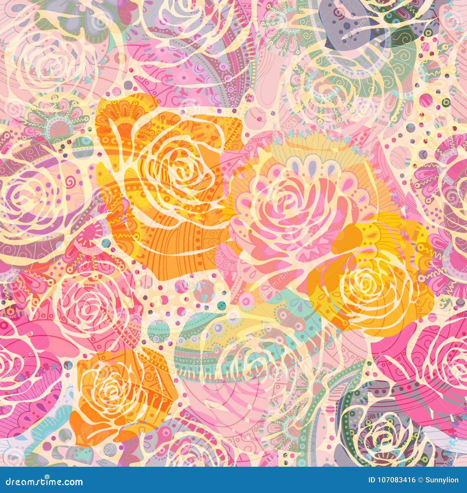 Bright Floral Pattern with Stylized Roses. Vector Illustration with ...