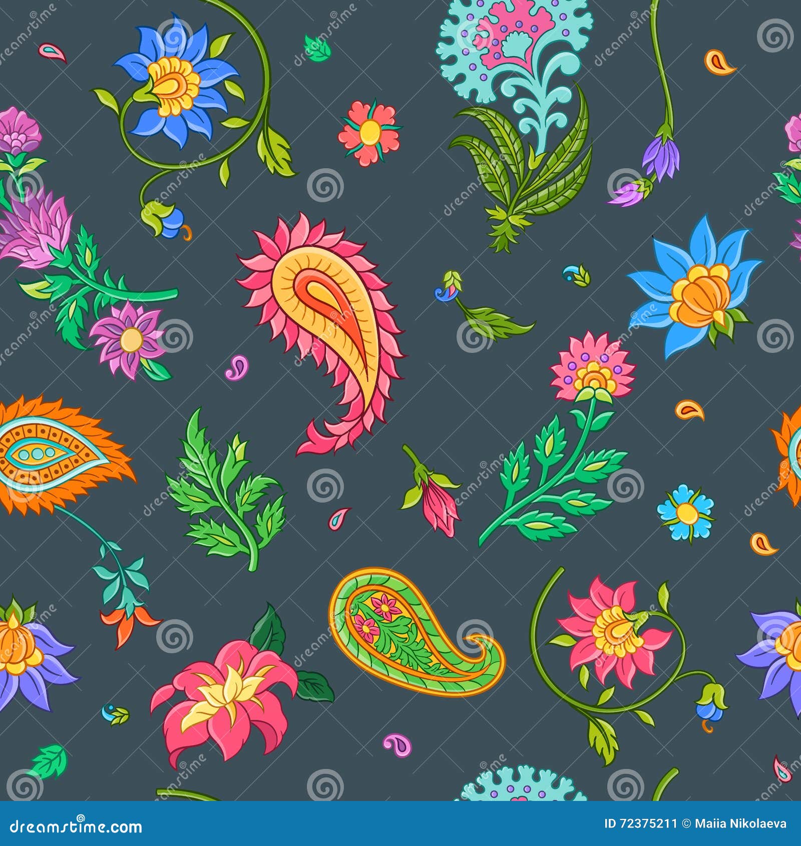 Bright Floral Seamless Vector Pattern with Indian Motives. Stock Vector ...