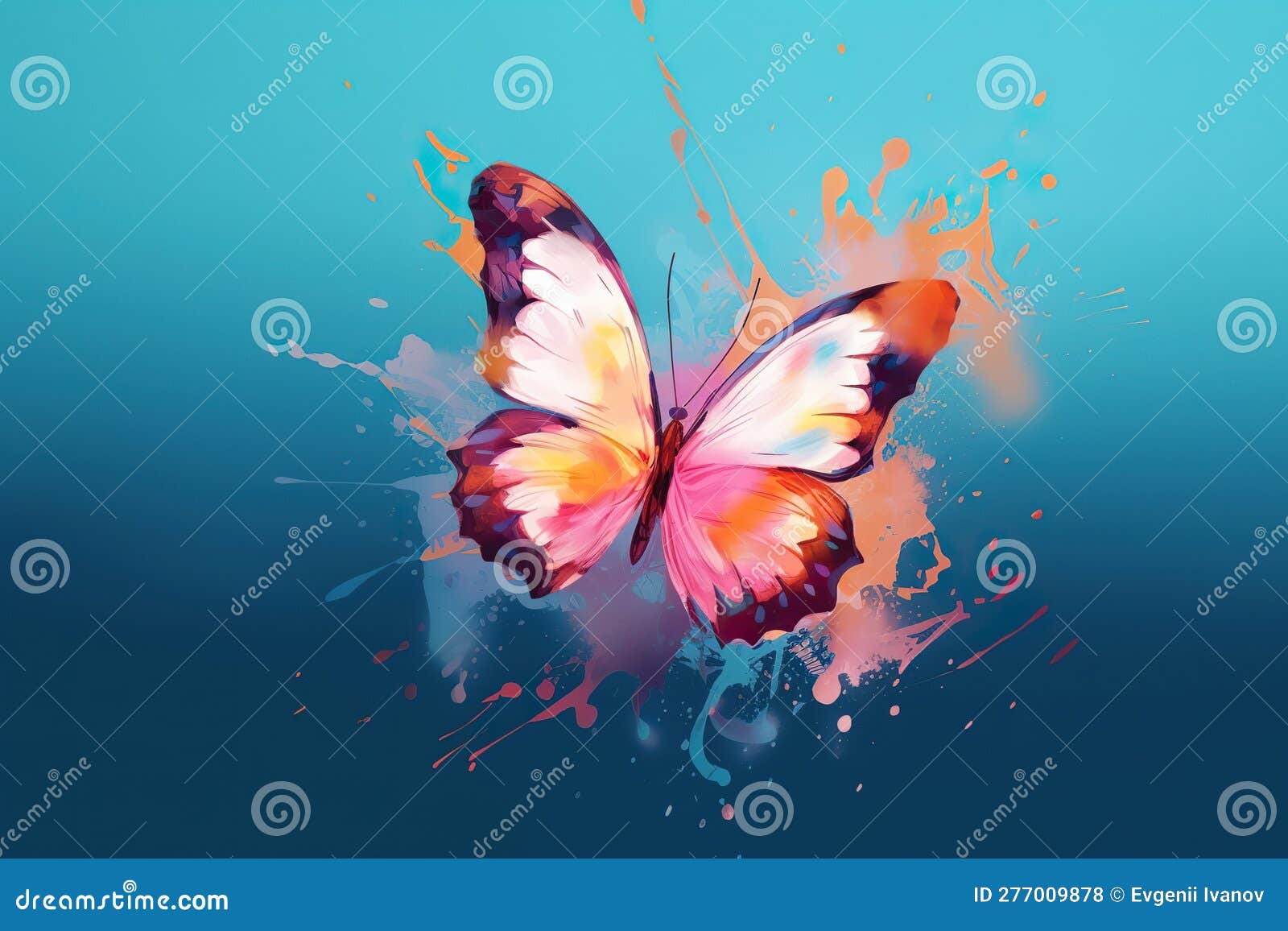 Bright Flying Butterfly on a Blue Background. Splashes of Water and ...