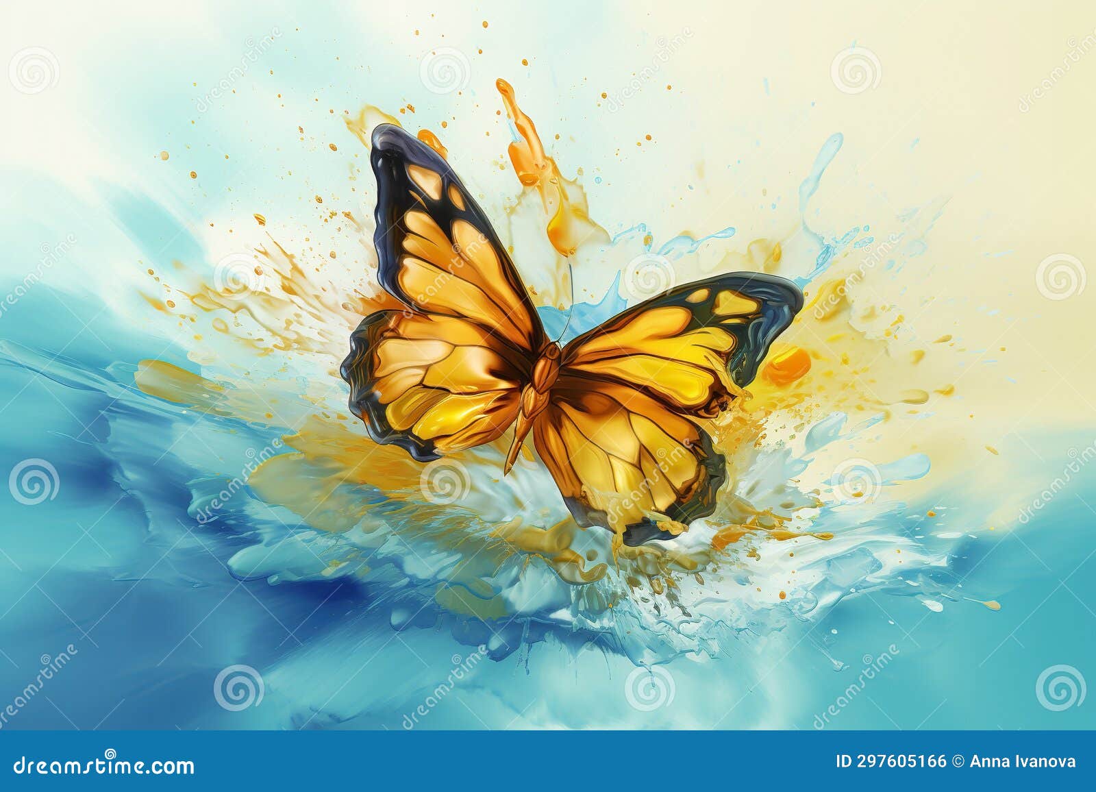 Bright Flying Butterfly on a Blue Background. Splashes of Water and ...