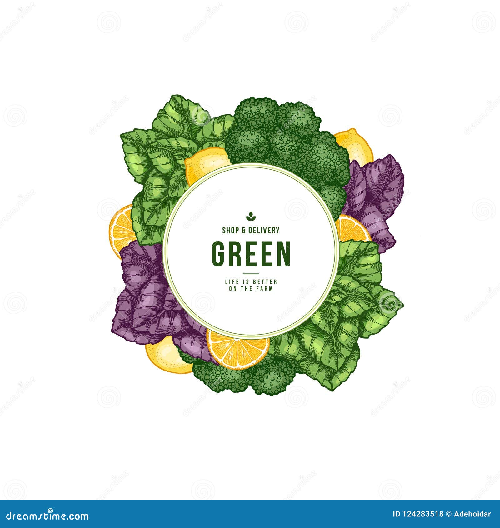 Bright Fresh Vegetables Round Design Template. Engraved Illustration ...