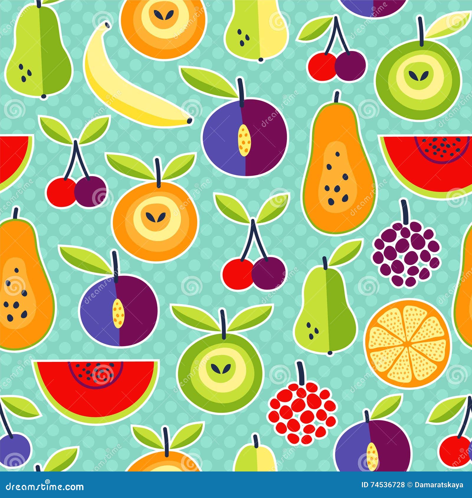 Bright Fruit Seamless Pattern with White Contour Stock Vector ...