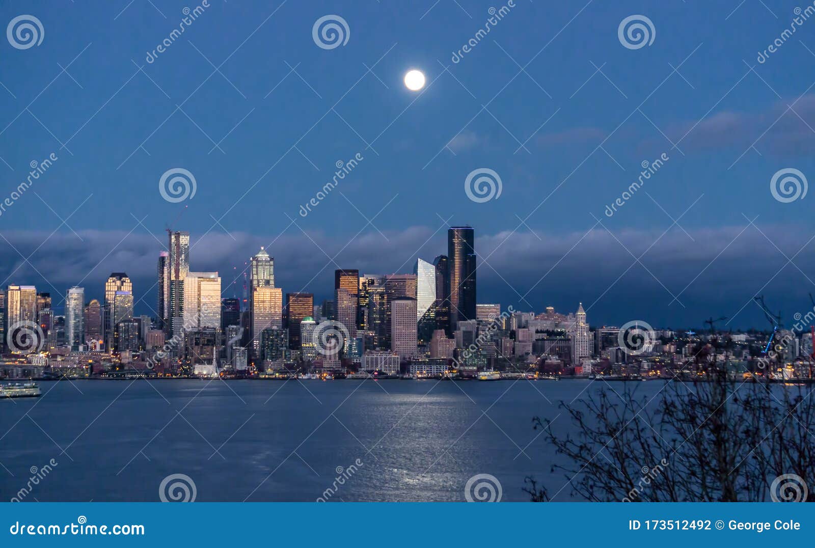 Bright Moon Over Seattle 7 stock photo. Image of skyscrapers - 173512492