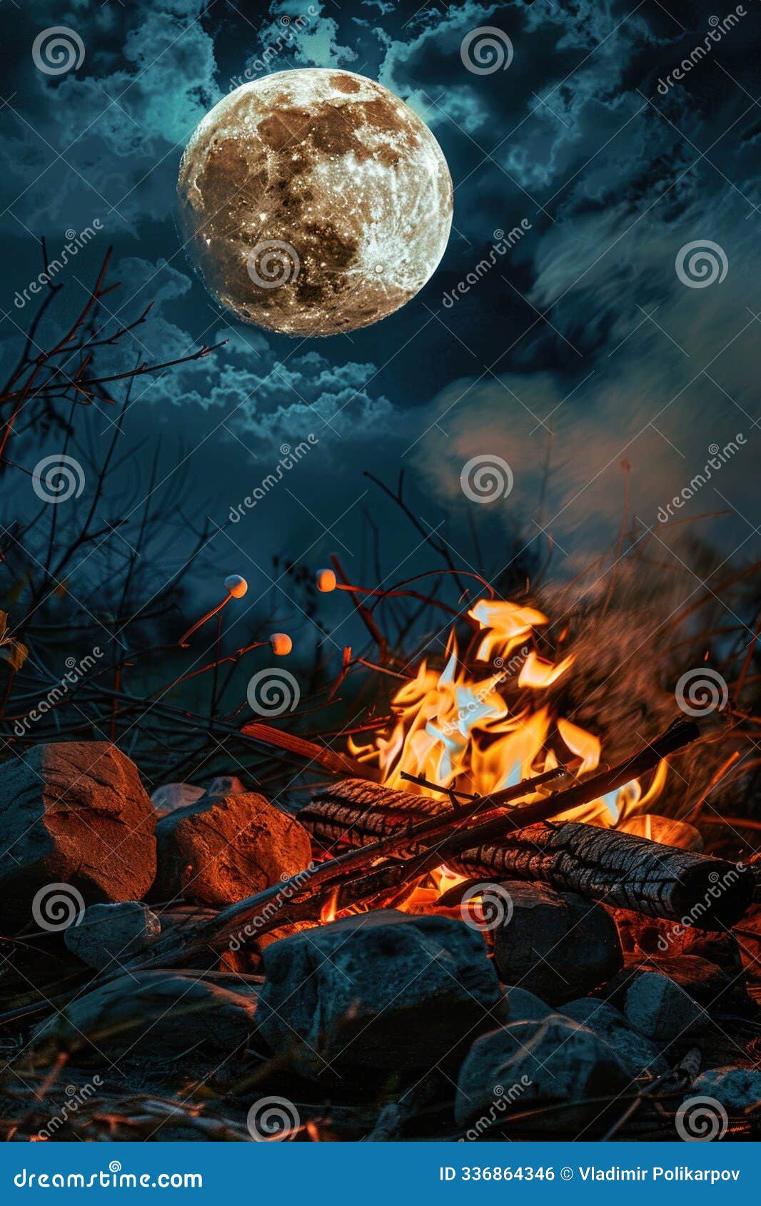 A Bright Full Moon Shining Down on a Campfire Stock Photo - Image of ...