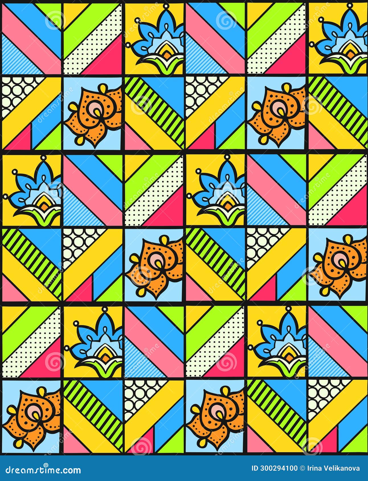 Bright Geometric Pattern with Flowers, Vector Stock Illustration ...