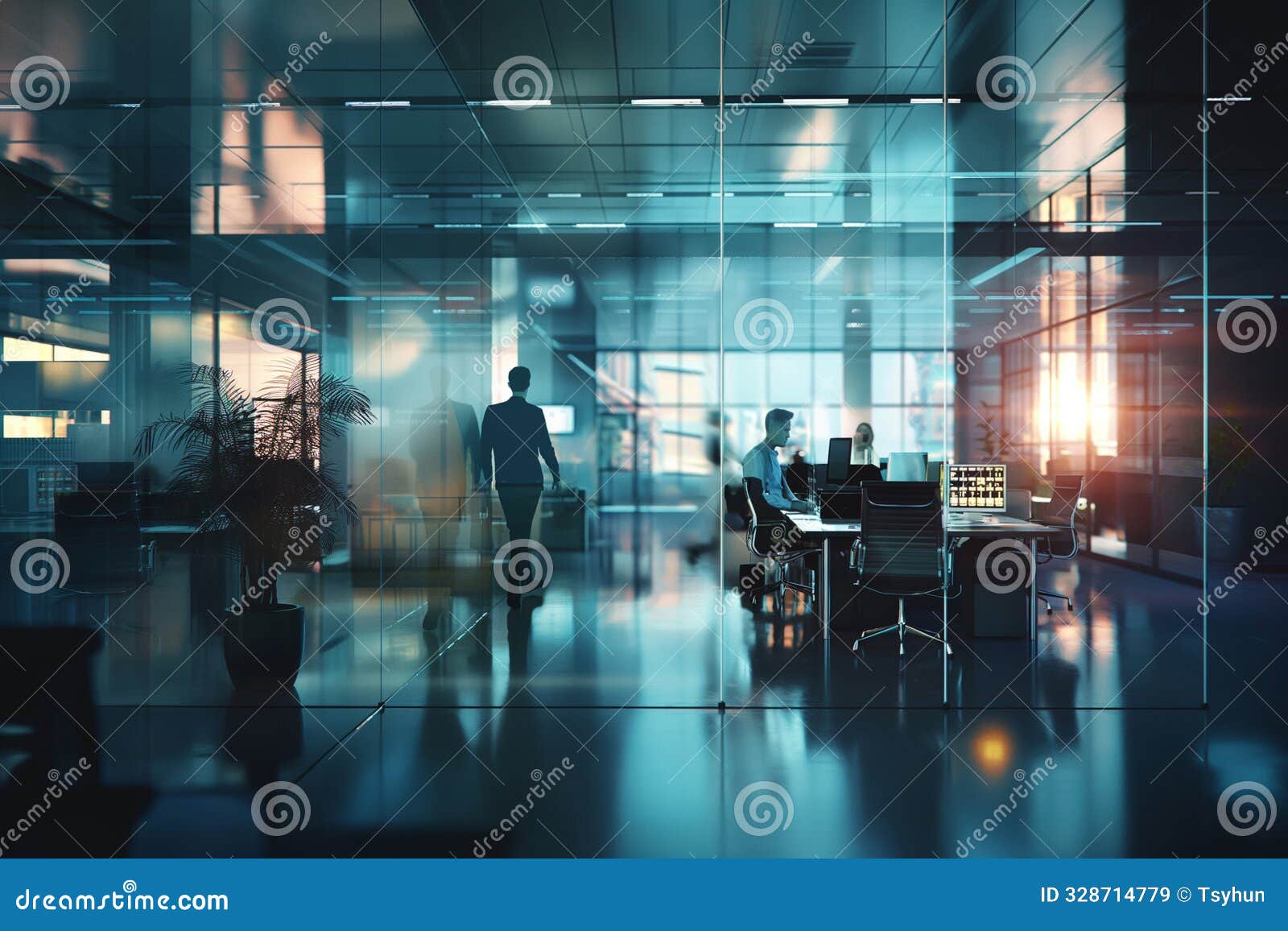 Bright Glass Empty Office with Panoramic Windows and Workplaces Stock ...