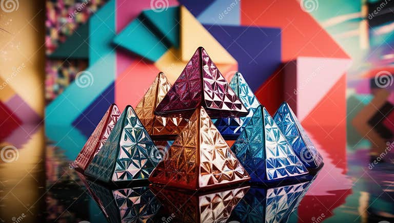 Bright Glass Pyramids on a Mirror Surface. Stock Image - Image of ...