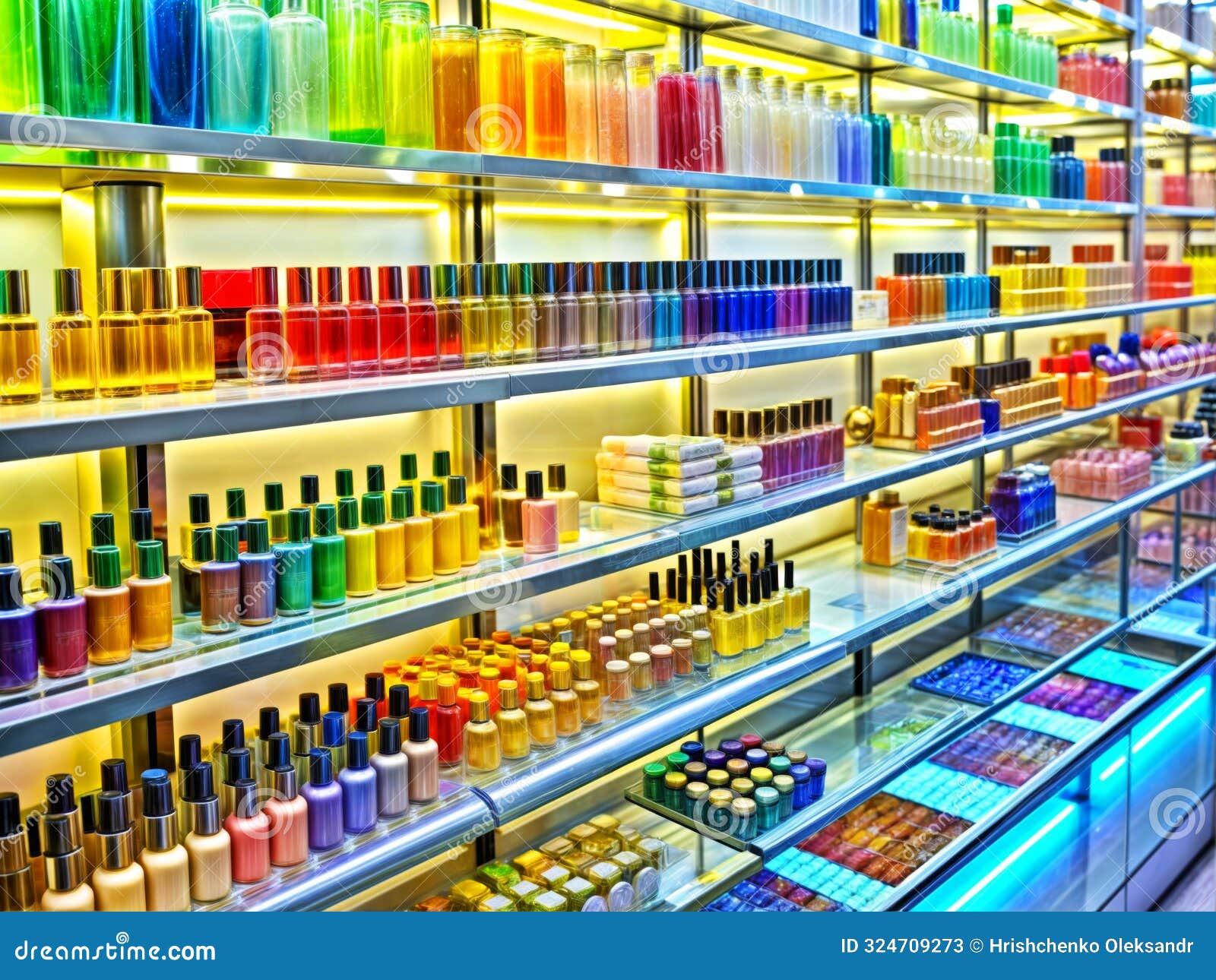 Bright Glass Shelves with Cosmetics of Different Colors Stock ...