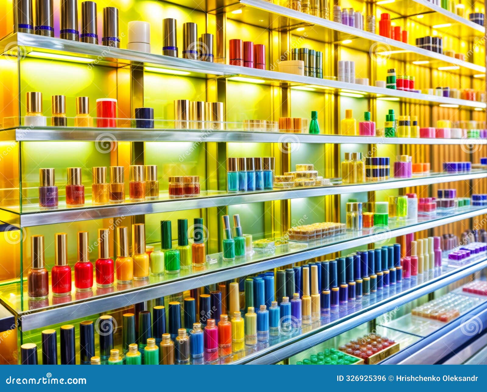 Bright Glass Shelves with Cosmetics of Different Colors Stock ...