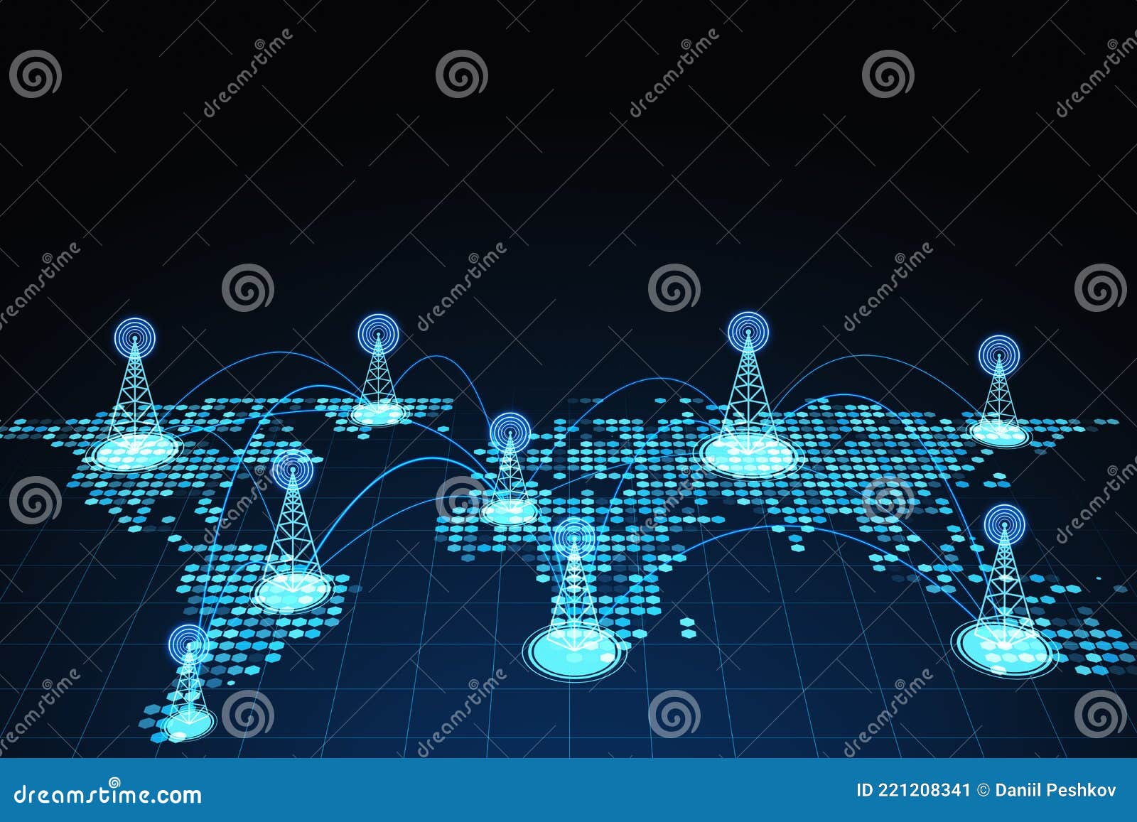 Bright Glowing Digital Map with Location Pins on Blue Background. Stock ...
